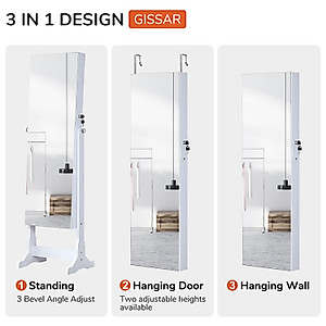 GISSAR Jewelry Organizer Full Length Mirror Jewelry Cabinet Standing/Wall/Hanging Door Jewelry Armoire Storage with Lights, Lockable, White