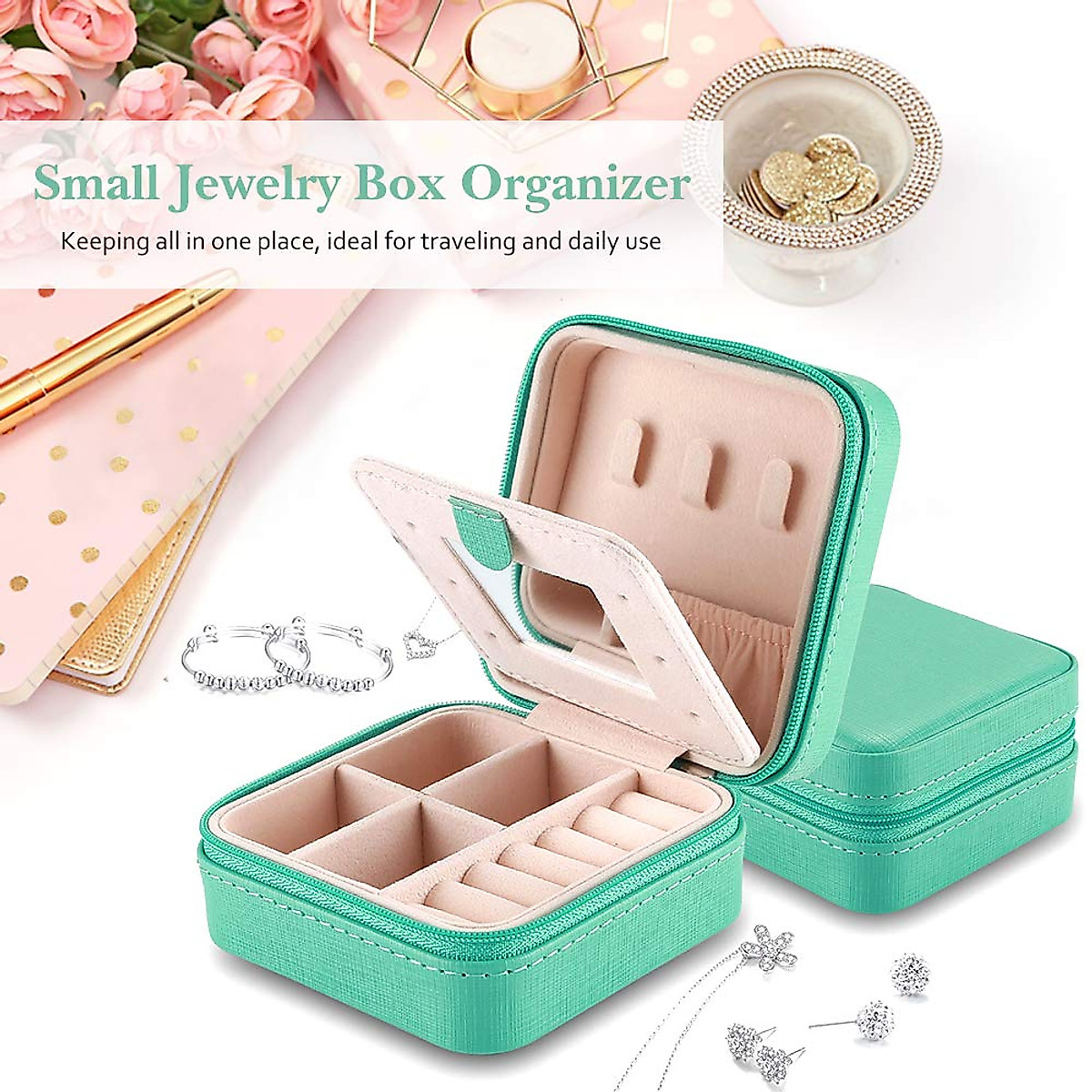 ProCase Small Jewelry Organizer Box for Travel, Portable Mini Jewelry Travel Case with Zipper Mirror for Rings Necklaces Bracelets Earrings, Gift for Women Girl -Teal