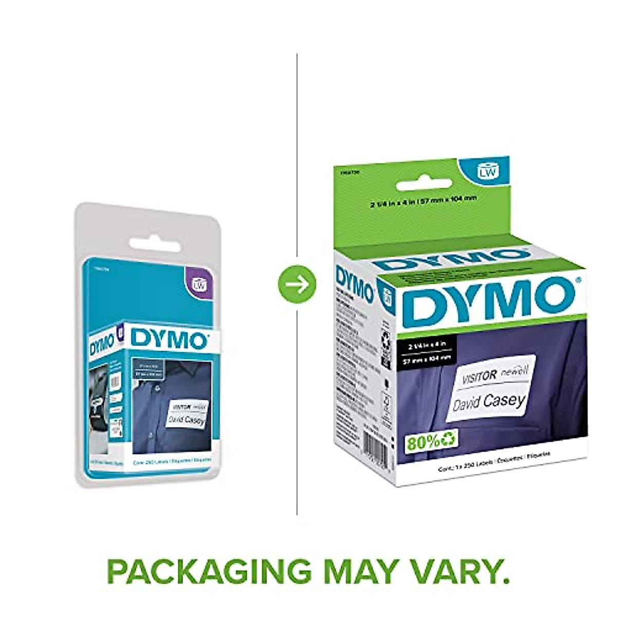 DYMO LW Self-Adhesive Name Badge Labels for LabelWriter Label Printers, White, 2-1/4'' x 4'', 1 roll of 250 (1760756)