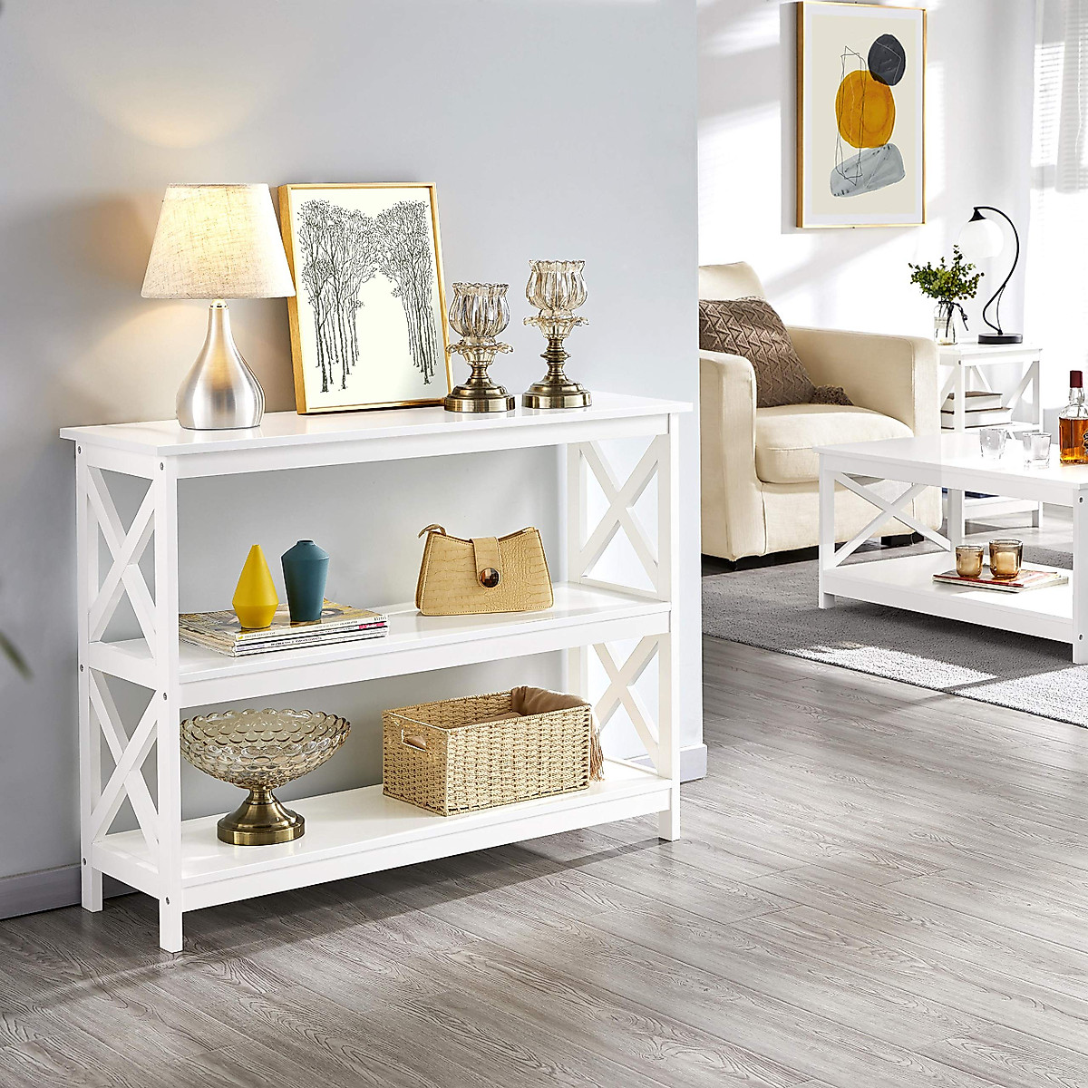 Yaheetech Console Table with 3 Storage Shelves, Entryway Table Sofa Side Table Narrow Long Bookshelf for Hallway Living Room, Accent Furniture, White