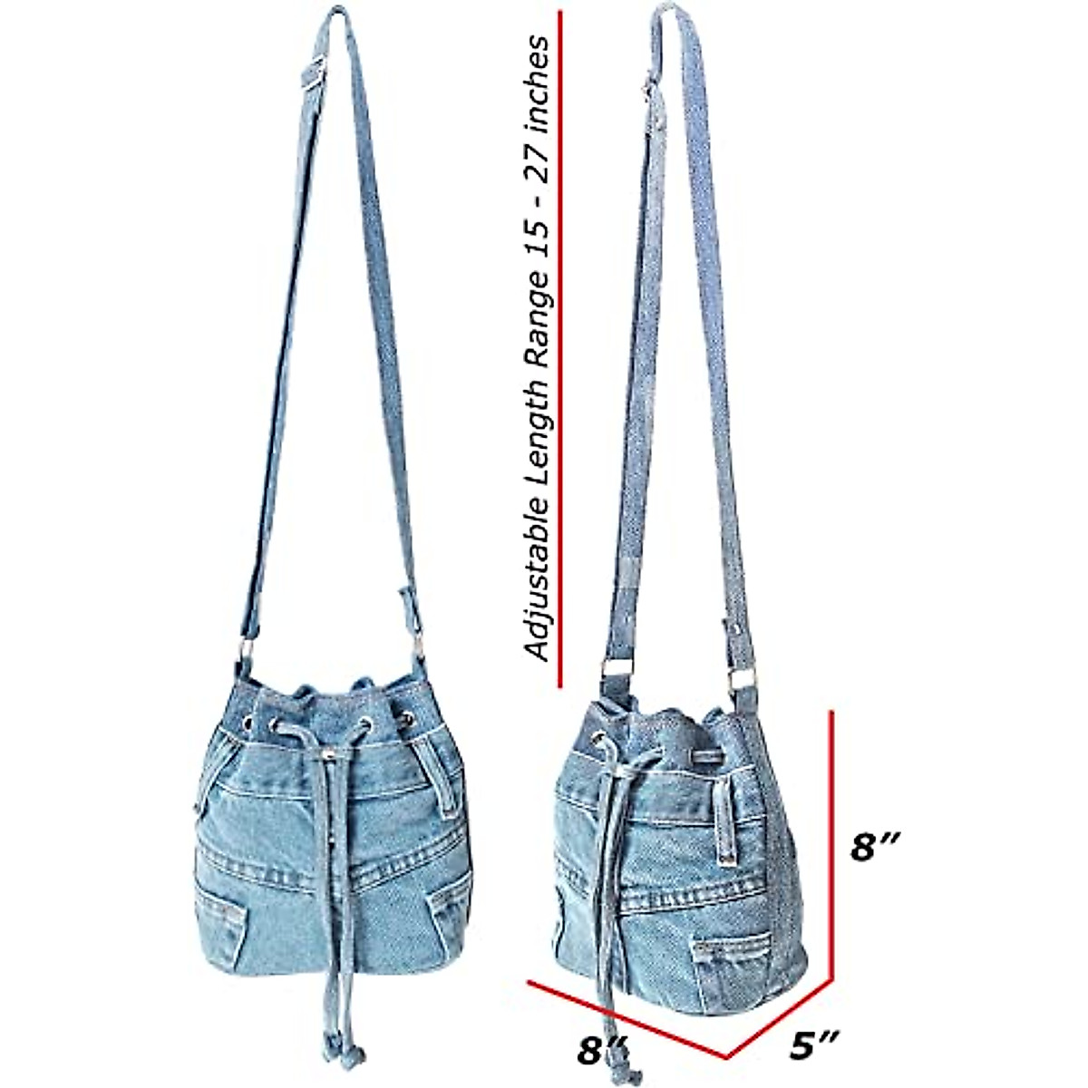 Bijoux De Ja Upcycling Blue Denim Jeans Small Drawstring Crossbody Bag Bucket Pouch Sac Shoulder Handbag Purse