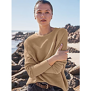 ANRABESS Women's Oversized Crewneck Sweaters Long Batwing Sleeve Ribbed Slouchy Casual Jumper with Slit Pullover Top Fashion 2023 Fall Winter 725shenxing-L Khaki