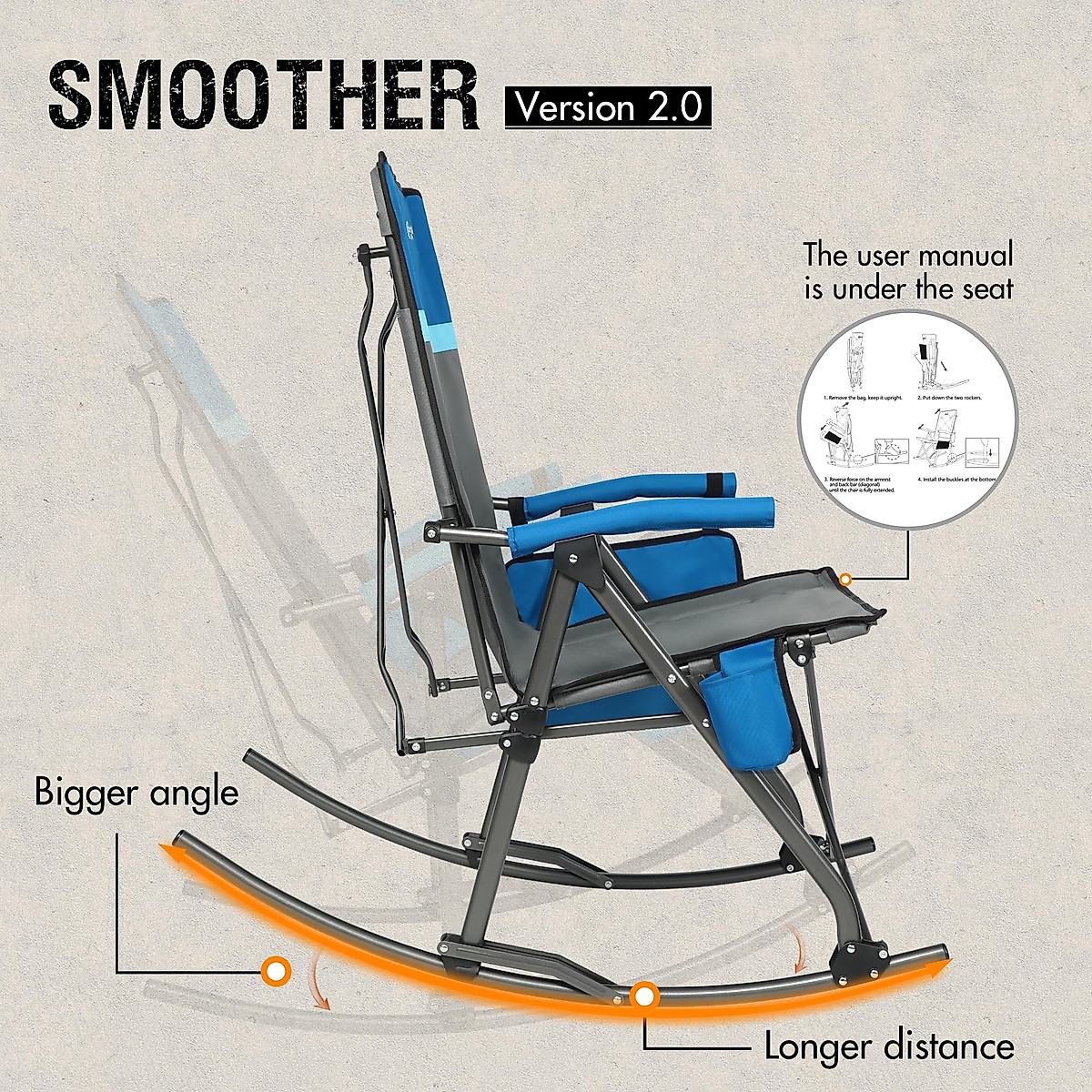PORTAL Oversized Folding Rocking Camping Chair Portable Outdoor Rocker with High Back Hard Armrests Carry Bag, Supports 400 lbs, Padded Back, Blue