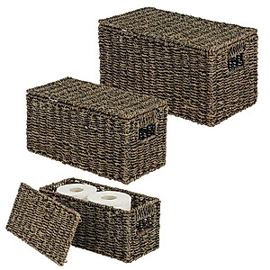 mDesign Natural Woven Seagrass Closet Storage Organizer Basket Bin with Removeable Lids to use in Closet, Bedroom, Bathroom, Entryway, Office - Set of 3 - Black Wash Finish