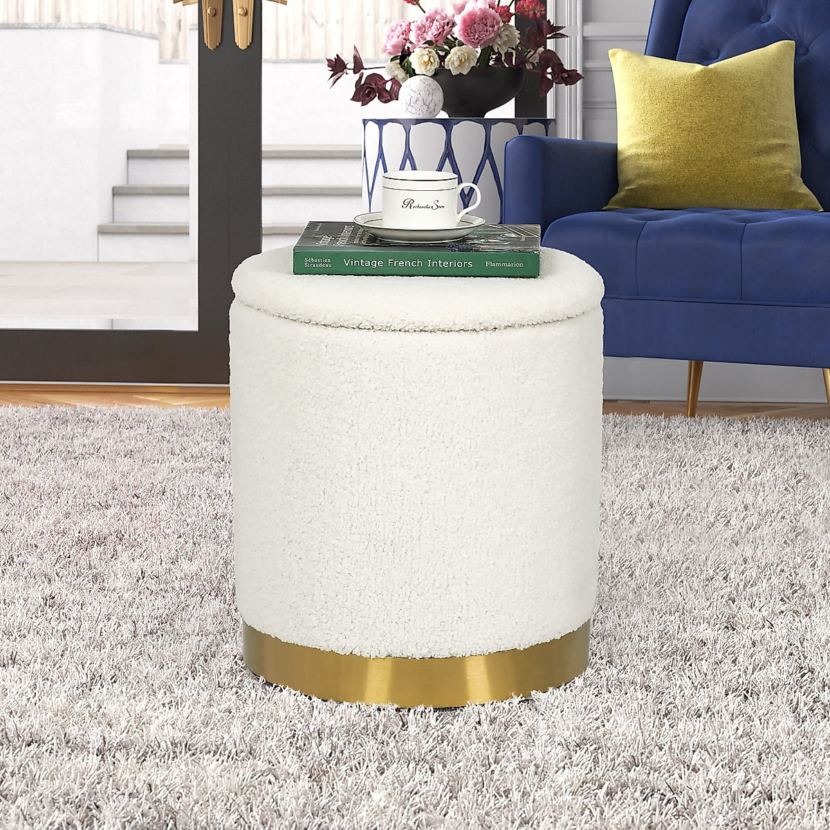 Adeco Round Storage Ottoman, Upholstered Vanity Stool with Removable Lid, Footrest Stool with Gold Metal Base, Side Table Padded Seat for Living Room Bedroom, White