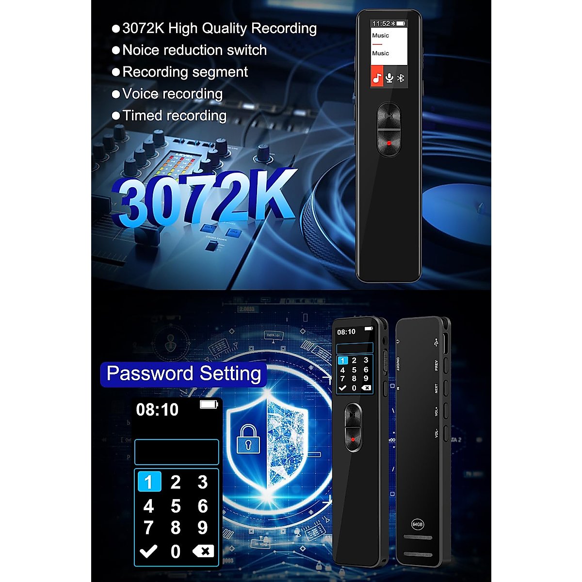 64GB Digital Voice Recorder, 3072KBPS Voice Activated Recorder One-Touch Recording with Playback, Noise Cancellation with Password, Bluetooth, Dictaphone Recorder for Lectures, Meetings, Interviews
