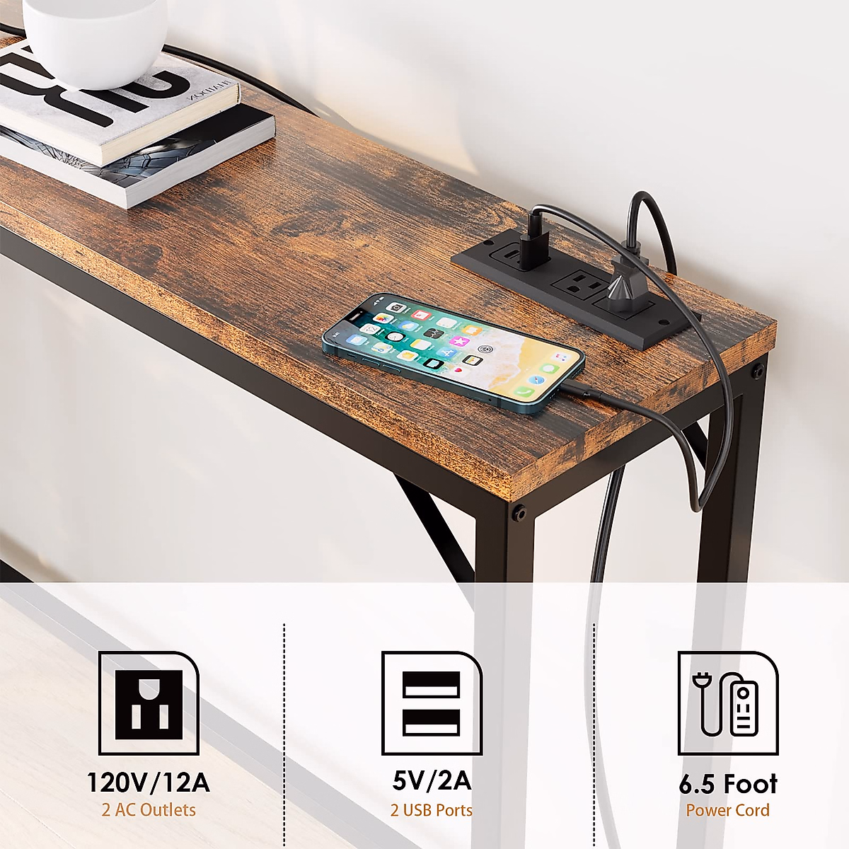 IDEALHOUSE Entryway Table with Power Outlets & USB Ports, Narrow Sofa Table with Charging Station, 39.3" Industrial Console Table, Behind Couch Table for Living Room, Hallway, Foyer, Bedroom-Vintage