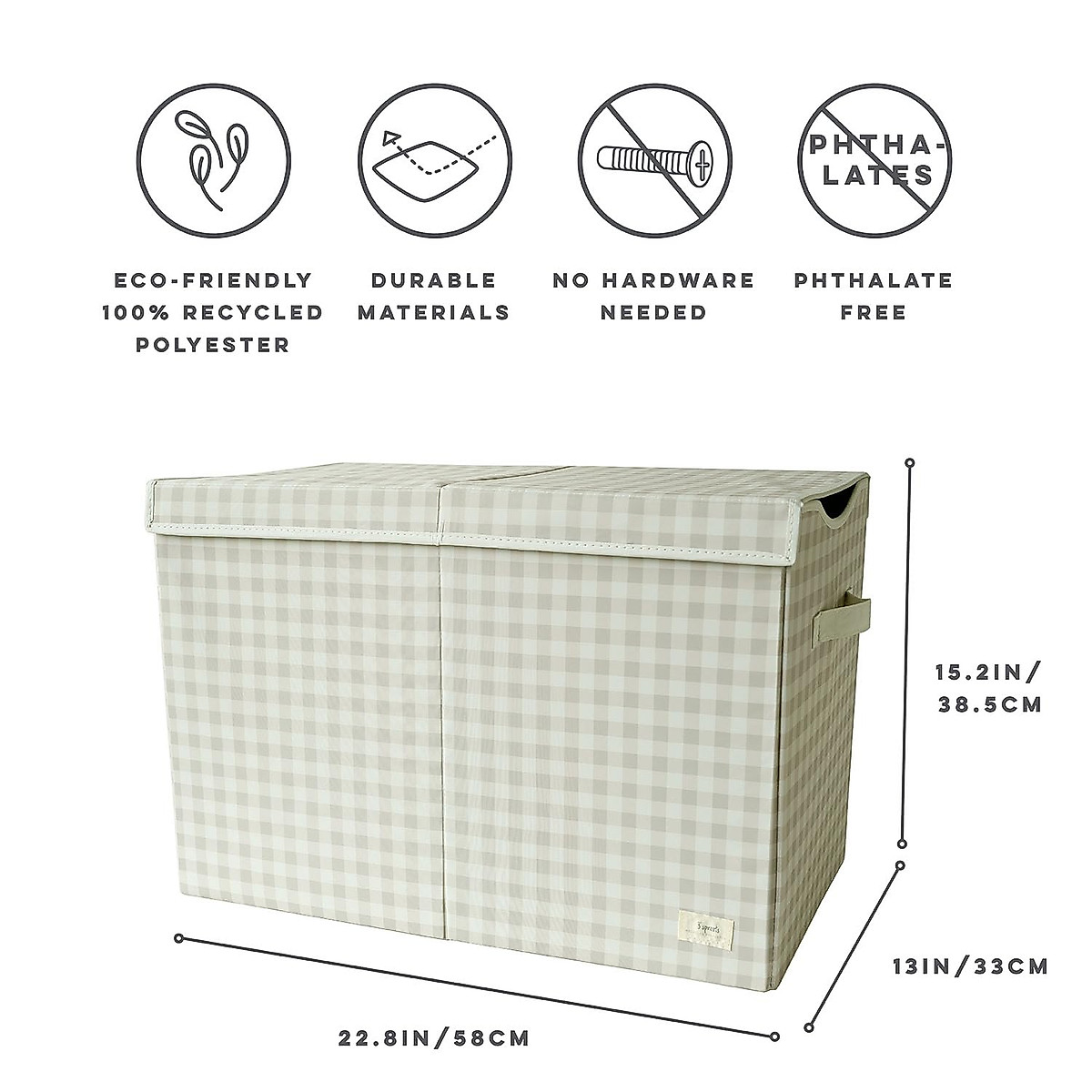 3 Sprouts Recycled Fabric Toy Chest Storage Box - Extra Large Toy Storage Box, Sturdy Toy Bins - Kids Organizer for Bedroom - Toybox Basket with Lid for Kids, Toddlers, Boys, Girls - Gingham Beige