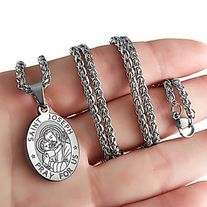 Zocomi Silver Saint St Joseph Medal Necklace for Men Boys, St. Joseph Pendant Chain Jewelry Catholic Christian Religious Baptism First Communion Confirmation Gifts Teenage Age Kids