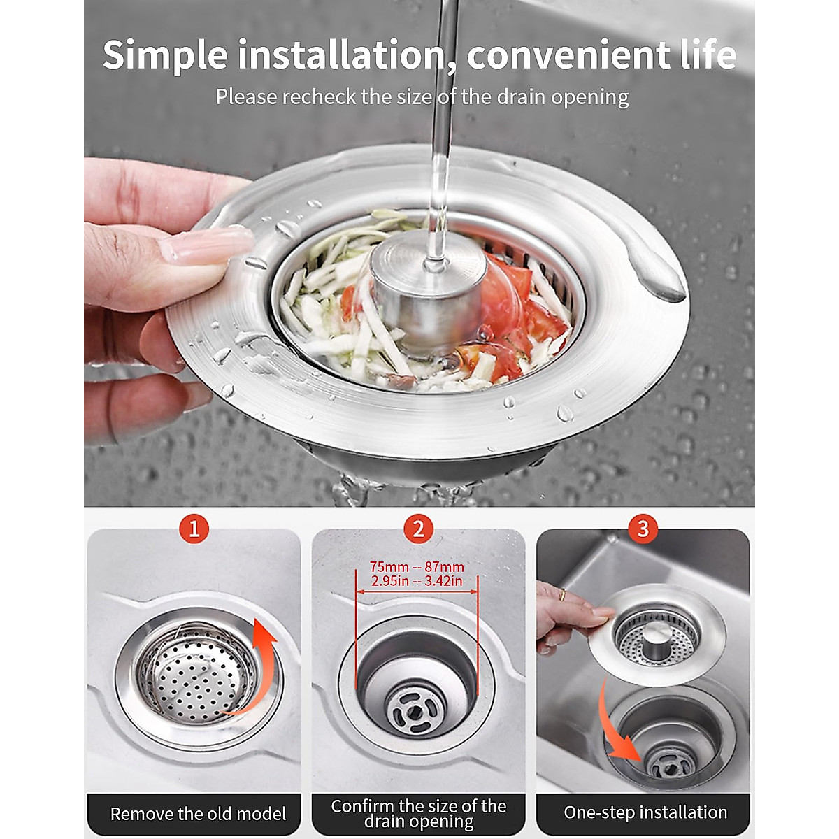RLQXG 3 in 1 Kitchen Sink Drain Strainer [304 Stainless Steel Pop Up] Anti-Clogging Kitchen Sink Drain Stopper Stainless Steel Efficiently Drainage Odor Filter Sink Plug for Us Standard 3-1/2 Inch