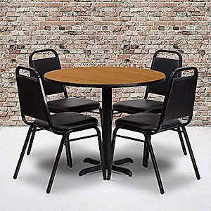 Flash Furniture Carlton 36'' Round Natural Laminate Table Set with X-Base and 4 Black Trapezoidal Back Banquet Chairs