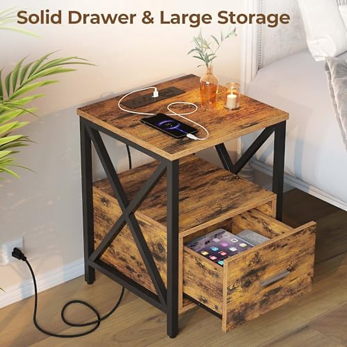 Rolanstar End Table with Wireless Charging Station, Nightstand with Power Outlet & USB Ports, Farmhouse Side Table with Drawer Storage Shelf for Living Room, Bedroom, Rustic Brown