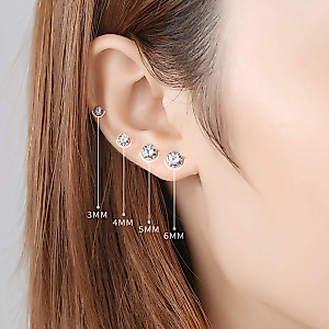 Sterling Silver Cubic Zirconia Stud Earrings Set for Womens Mens, 4 Pair Small Studs for Cartilage Tragus Multi Piercing Ears 3mm/ 4mm/ 5mm/ 6mm
