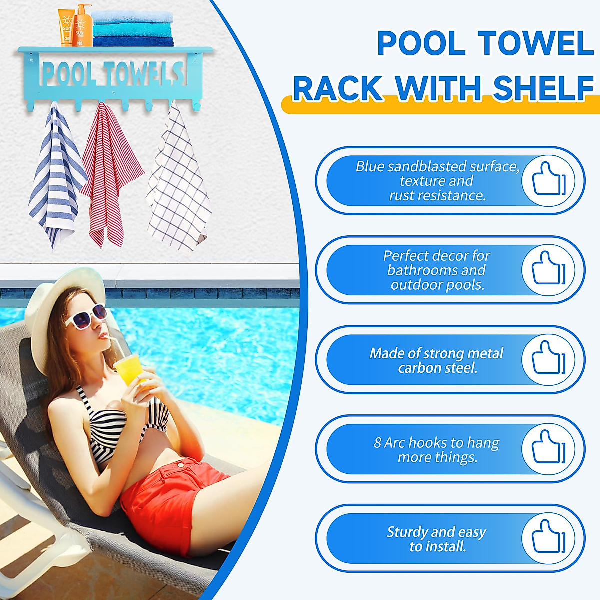 Kuhome Pool Towel Racks with Shelf Outdoor Pool Decor Wall Mount Towel Hooks Towel Holder with 8 Hooks Blue Towel Storage Hanger Organizer for Bathroom Pool Accessories