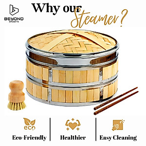 Beyond Gadgets Bamboo Steamer with Steel Reinforcement - 12-Inch 2-Tier Durable & Eco-Friendly Steamer for Healthy Cooking
