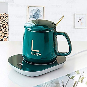 Lucky Smart Coffee Mug Warmer with (Ceramic) Cup (USB Cable) & Cup Warmer Set for Desk with Gravity Sensing Auto Shut Off Heating Plate for Home Office Milk Tea Christmas/St. Patrick's Day Gift