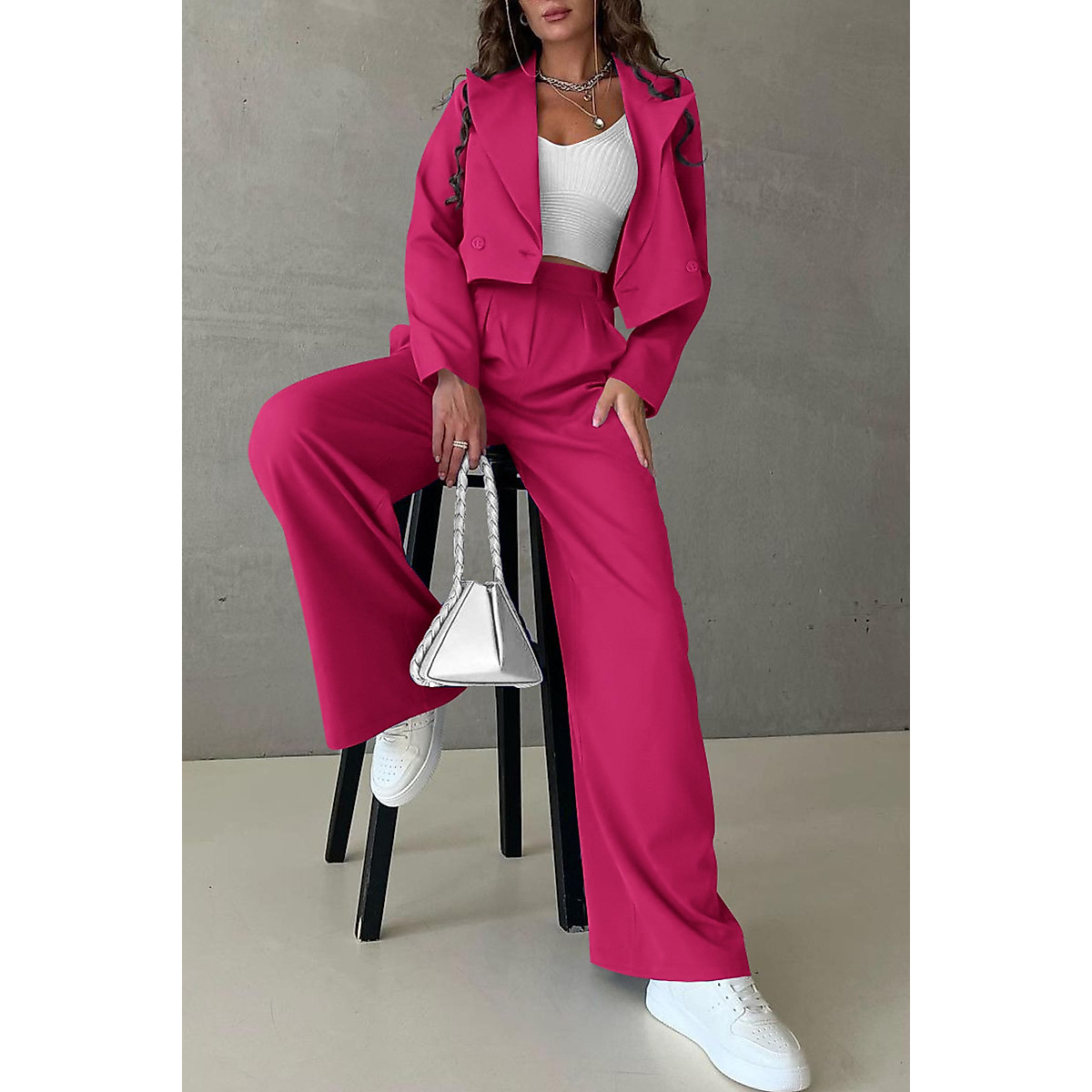 PRETTYGARDEN Women's 2 Piece Casual Outfits Cropped Blazer Jackets High Waisted Wide Leg Work Pants Suit Set (Rose Red,Large)
