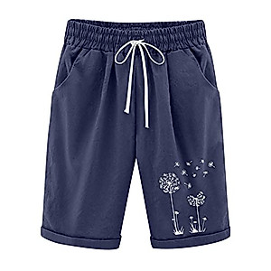 Shorts for Women Plus Size Bermuda Shorts for Women High Waisted Cotton Linen Elastic Drawstring Summer Shorts Casual Loose Fit Dandelion Print Dark Blue 4X