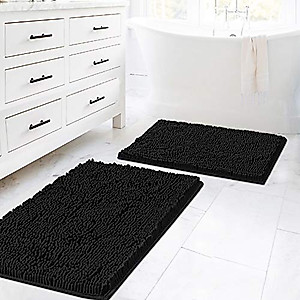 H.VERSAILTEX (Set of 2) Super Thick Soft Shaggy Chenille Bath Mats Machine Washable Bath Rugs Set for Bathroom, Dry Fast Water Absorbent Bath Mats, Black (Pack 2-20" x 32"/17" x 24")