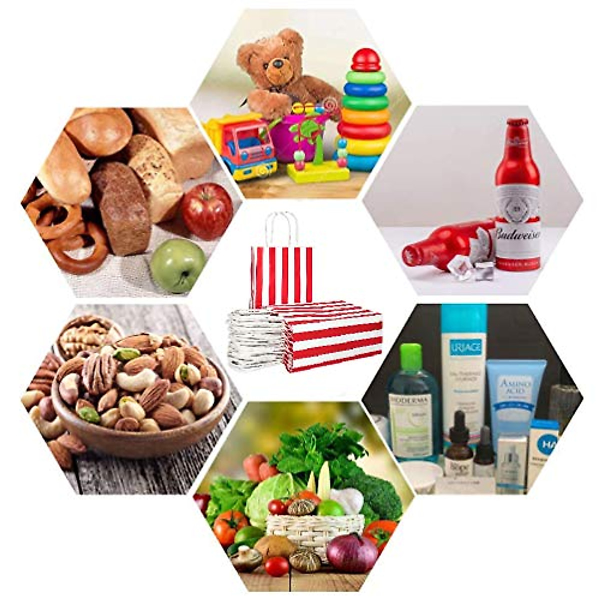 ADIDO EVA 25 PCS Striped Gift Bags Small Red Kraft Paper Bags with Handles for Party Favor (8.2 x 6 x 3.1 In)