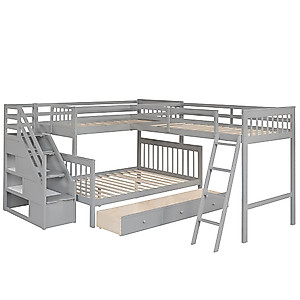 Harper & Bright Designs L Shaped Bunk Bed with Stairs and Storage, Twin Over Full Size Triple Bunk Bed for 3, Wood Corner Beds for Kids, Teens, Adults. No Box Spring Needed (Gray)