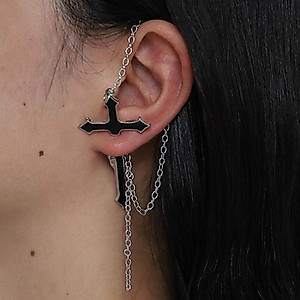 Zehope Black Cross Chain Earring Silver Punk Dangle Stud Earrings Long Sword Earring Jewelry for Women (1 Pcs)