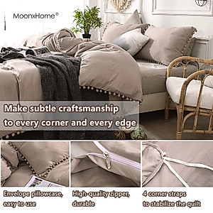 MoonxHome Duvet Cover Set Queen Size Boho Aesthetic Comforter Cover Bed Set Ball Pom Poms Fringe Luxury 100% Super Soft Microfiber 3 Piece Duvet Cover Set Includes 2 Pillow Shams Tawny