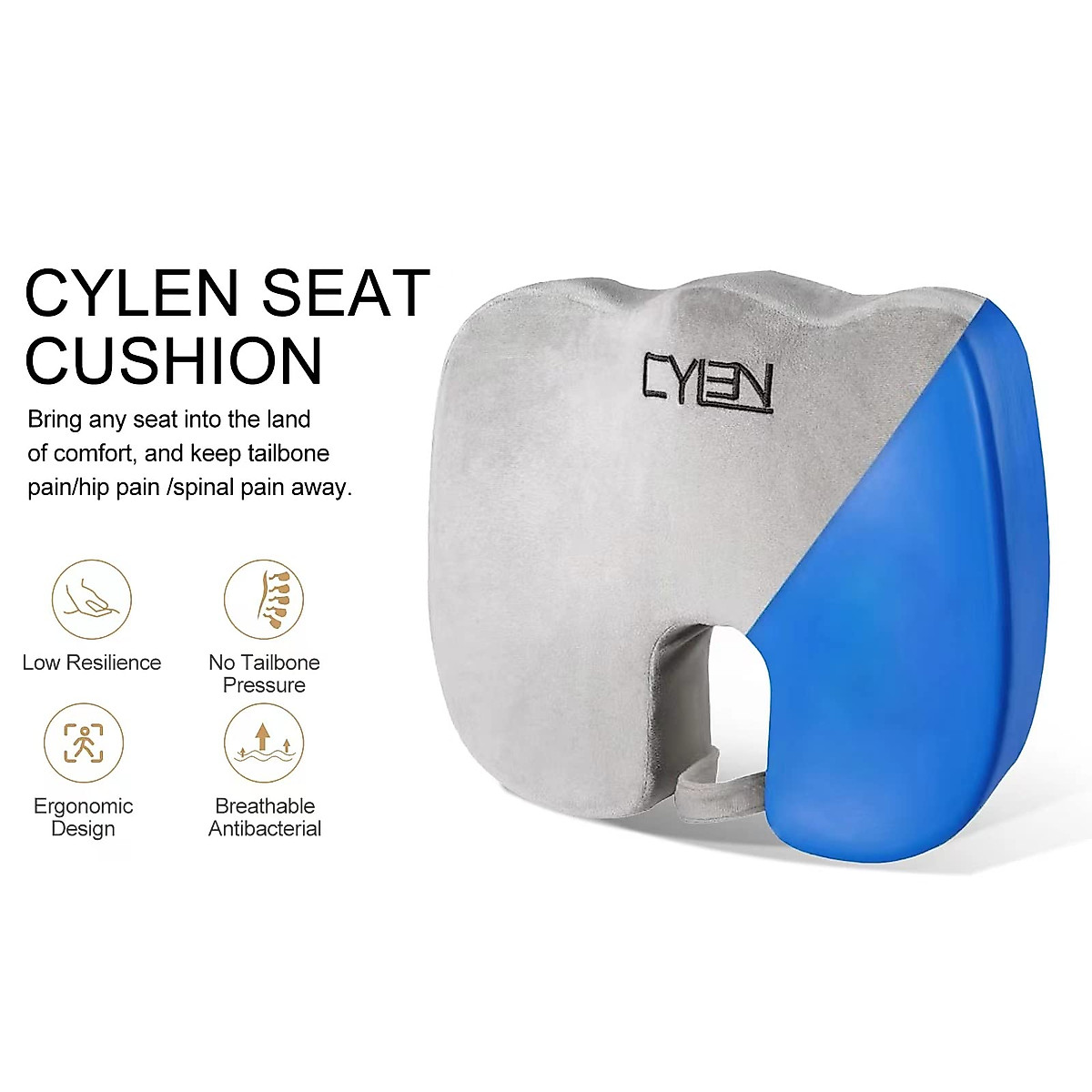 CYLEN Home Office Seat Cushion - Comfort Memory Foam Chair Cushion with Cooling Gel Infused for Tailbone, Coccyx, Back & Sciatica Pain Relief (Grey)