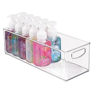 mDesign Plastic Toiletry Organizer for Bathroom - Storage Holder Bin w/Handles for Vanity, Drawers, Dresser - Holds Hair Products, Makeup, Lotion, Skincare and More - Ligne Collection - Clear