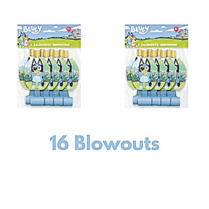Unique Bluey Party Favors Bundle - 16 Loot Bags and 16 Blowouts, Happy Birthday Sticker - Party Supplies Goodie Bags, Birthday Party Favor Bags and Decorations - Officially Licensed