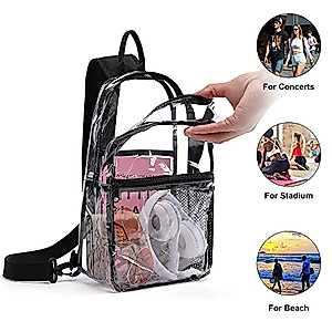 Clear Sling Bag Stadium Approved, Heavy Duty Small Clear Backpack, Clear Crossbody Bag (Black 1)