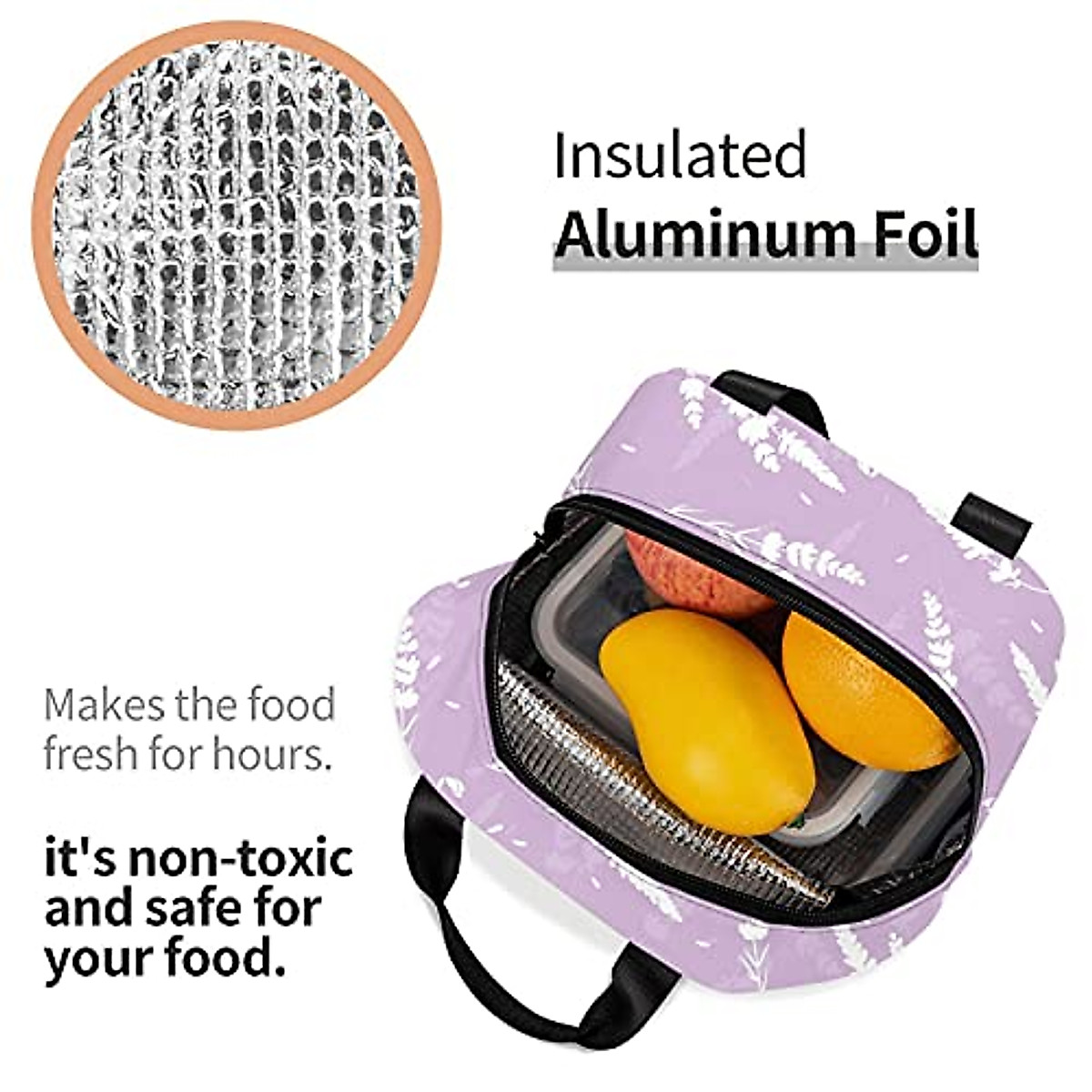 carati Cute Lavender Flowers Light Purple Lunch Box Reusable Lunch Bag Cooler Tote Travel Picnic Insulated Durable Shopping