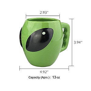 VanEnjoy Bright Green Glazed Ceramic Shape Ceramic Alien Mug Tea Coffee Cup, 3D Space Universe UFO Conspicuous Alien Cup, Gift for kid boy,13 oz(400 ml)