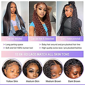 ALEPAZ Deep Wave Lace Front Wigs Human Hair 13x4 HD Transparent Lace Frontal Wigs Human Hair Pre Plucked 180% Density Curly Lace Front Wig Human Hair with Baby Hair Natural Hairline