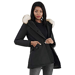 Molemsx Hooded Warm Winter Coats, Women Gift Festive Lined Outwear Golf Climaproof Heather Rain Active Great with Muffler Windbreaker Fashion Bomber Cotton Padding Jacket with Faux Fur(Black,L)