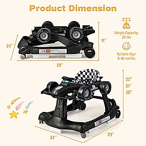 GLACER 4-in-1 Baby Walker, Folding Infant Walker with Adjustable Height & Speed, Music Box with Light, Steering Wheel, Soft Cushion, Toddler Toy Activity Center for Babies Aged 6-18 Months