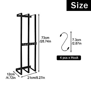 LVOERTUIG Wall Towel Rack for Rolled Towels with 4 Hooks, Towel Holder Towel Racks for Bathroom Wall Mounted, Bathroom Towel Storage, Metal Bath Towel Holder for Washcloths (Black)