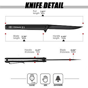 Carimee Slim Pocket Knife 3.5", Gentlemen`s Folding Knife, Fully black Ti-coated D2 steel blade and stainless Steel handle, with Leather Sheath, EDC tool, 2024 Gifts for men women