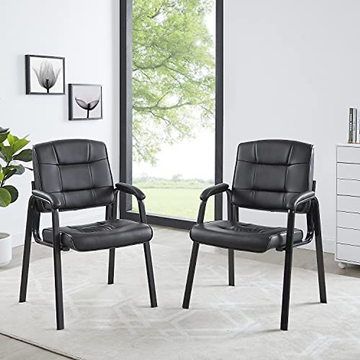 Naomi Home Waiting Room Chair Set of 2, Heavy Duty Leather Executive Waiting Room Chairs, Lobby Reception Chairs with Padded Arm Rest, Guest Chairs Set of 2 - Black