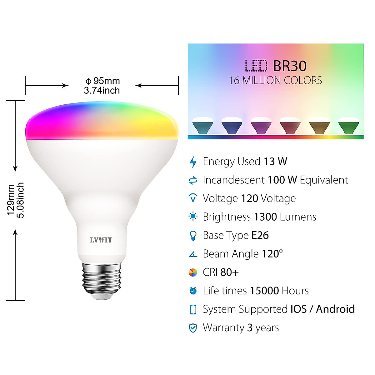 LVWIT Smart LED Bulbs, BR30 Wi-Fi Smart Light Bulb, E26 100W Replacement, Work with Alexa, Google Assistant, Tuya App, Dimmable 1300 Lumens RGB Color Changing Bulb (13W), No Hub Required, 2-Pack