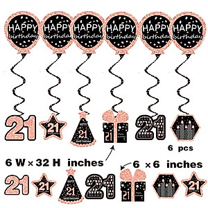 21st Birthday Decorations for her - (21pack) Cheers to 21 Years Rose Gold Glitter Banner for her, 6 Paper Poms, 6 Hanging Swirl, 7 Decorations Stickers. 21 Years Old Party Supplies Gifts for her
