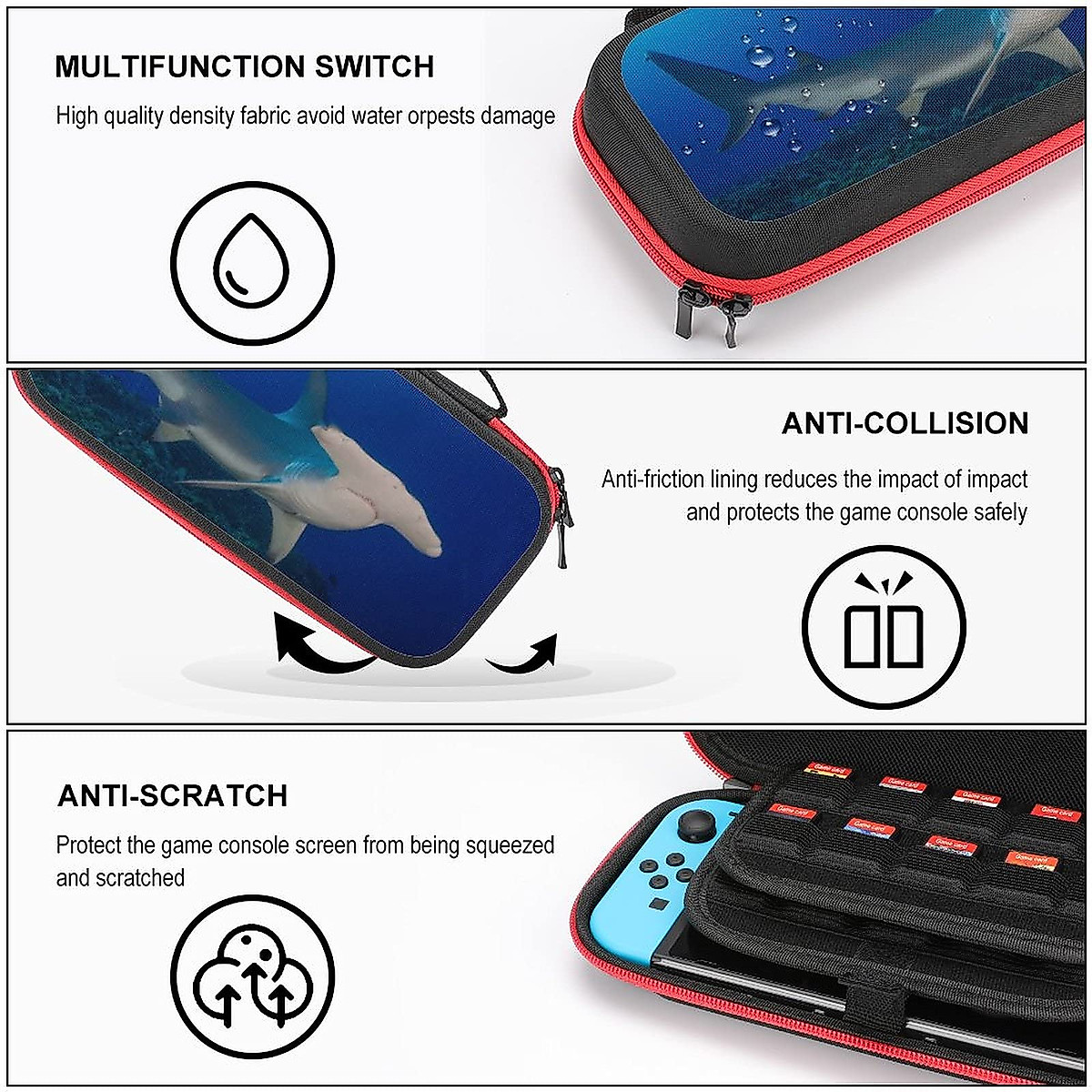Hammerhead Shark in Wild Travel Carrying Case Game Bag for Nintendo Switch Console Accessories Holds 20 Game Card Bag