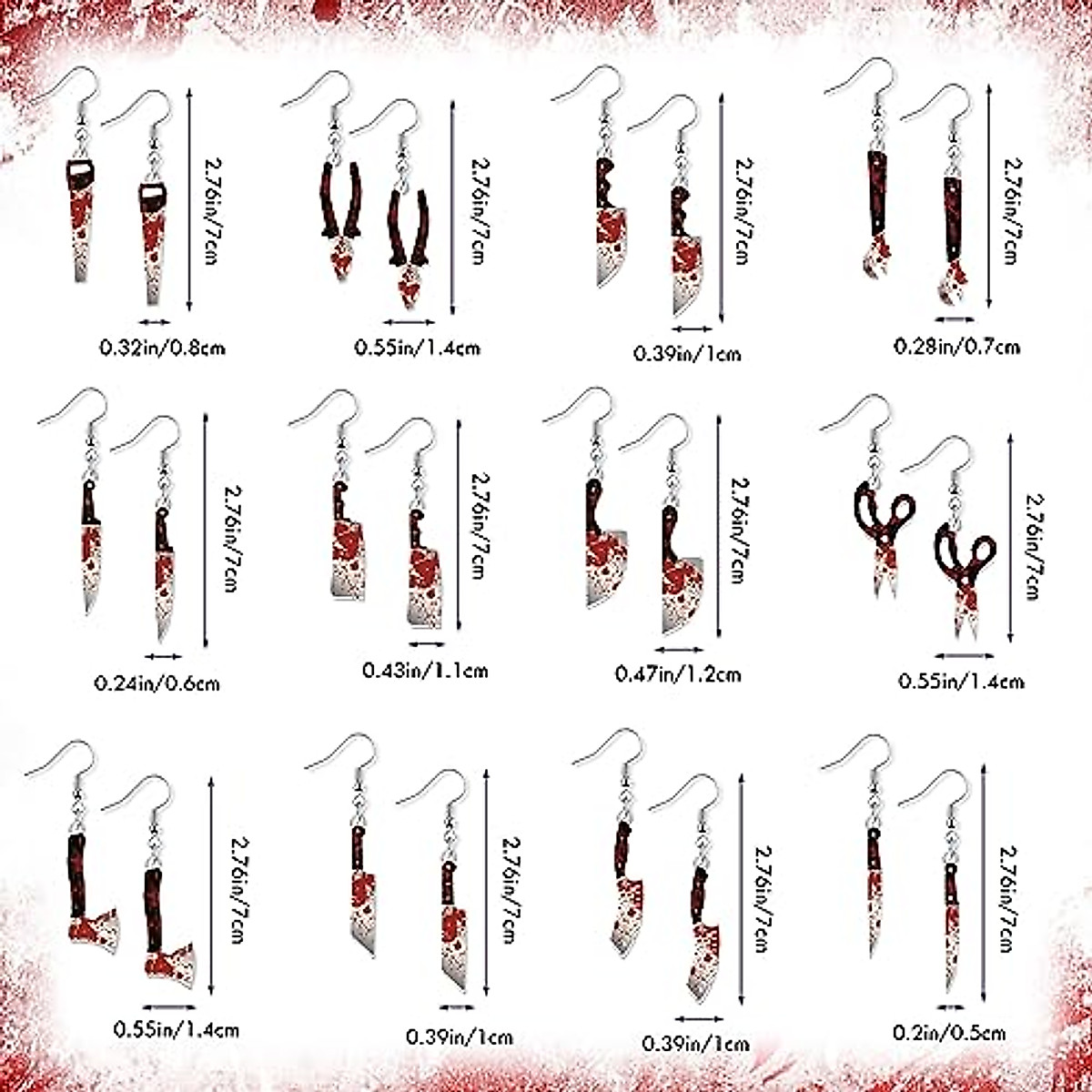 12 Pairs Halloween Earrings for Women Spooky Black Cat Witch Pumpkin Bloody Printed Knife Skull Ghost Spiderweb Boo Spider Drop Dangle Earring for Halloween Jewelry Set (Knife)