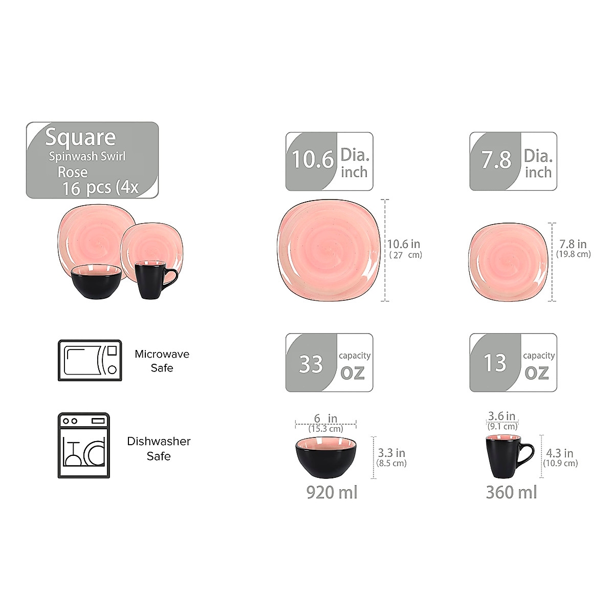 HomeVss, Stoneware Square 16pc Dinnerware Set, Inside Spinwaseh Swirl Rose + Outside Black