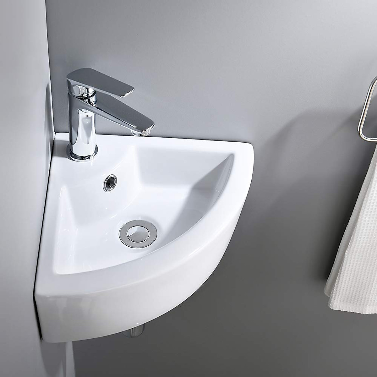 VOKIM Small Corner Wall Mount Bathroom Sink and Faucet Combo with Overflow White Porcelain Ceramic Above Counter Mini Vanity Vessel Sink with Chrome Faucet and Pop-up Drain Combo