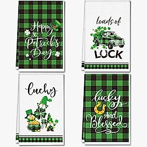 4PCS Saint Patrick Day Kitchen Towel Shamrock Seasonal Decorative Hand Towel Green Plaid Home Decor Dish Towels Shamrock Bath Towels 15.75 * 23.62inch Irish Decorative Dishcloth for Cooking Baking