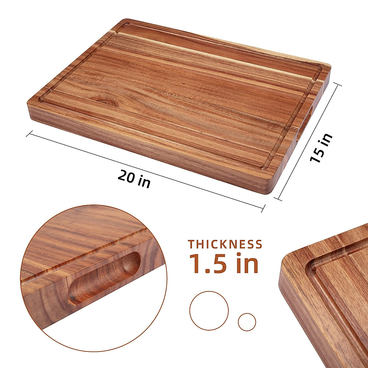 Large Acacia Wood Cutting Boards for Kitchen, 20 x 15 Inch Extra Large Wooden Cutting Board with Juice Groove, Reversible Butcher Block Cutting Board for Meat and Veggies