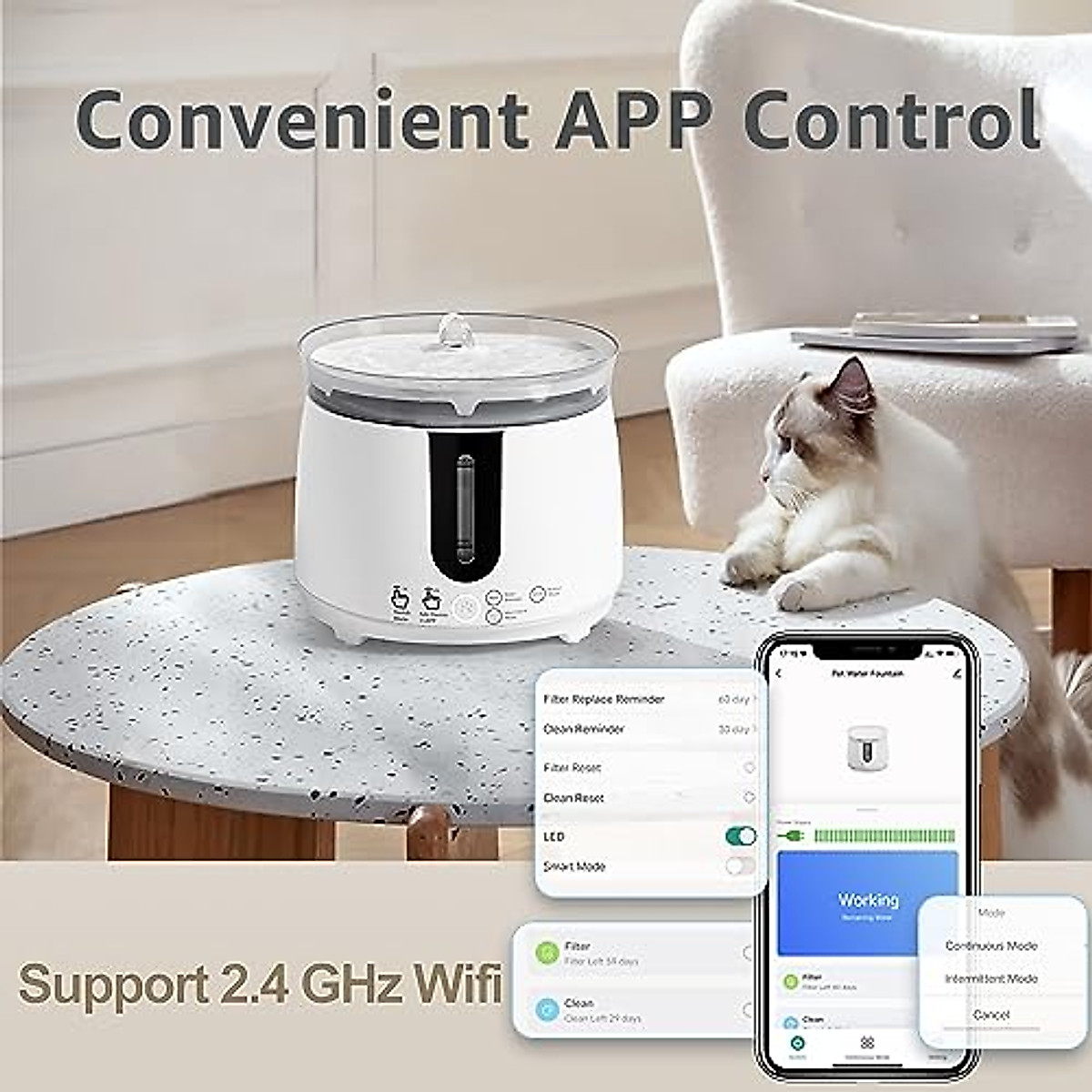 AQHH Cat Water Fountain, Pet Water Fountain with Upgraded Wireless Pump for Cats and Small Dogs, Ultra Quiet Water Fountain for Cats Inside, Easy to Clean and Assemble, App Control, 2L