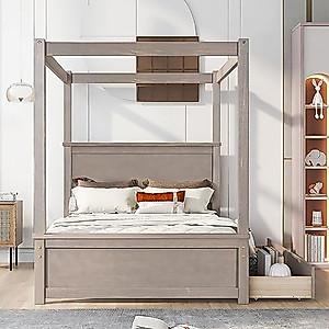 SIYSNKSI Modern Full Size Canopy Platform Bed with 2 Drawers, Wood Canopy Platform Bed with Support Slat, 4-Post Canopy Platform Bed Frame for Kids Teens Adult (Brushed Light Brown-2 Drawers)