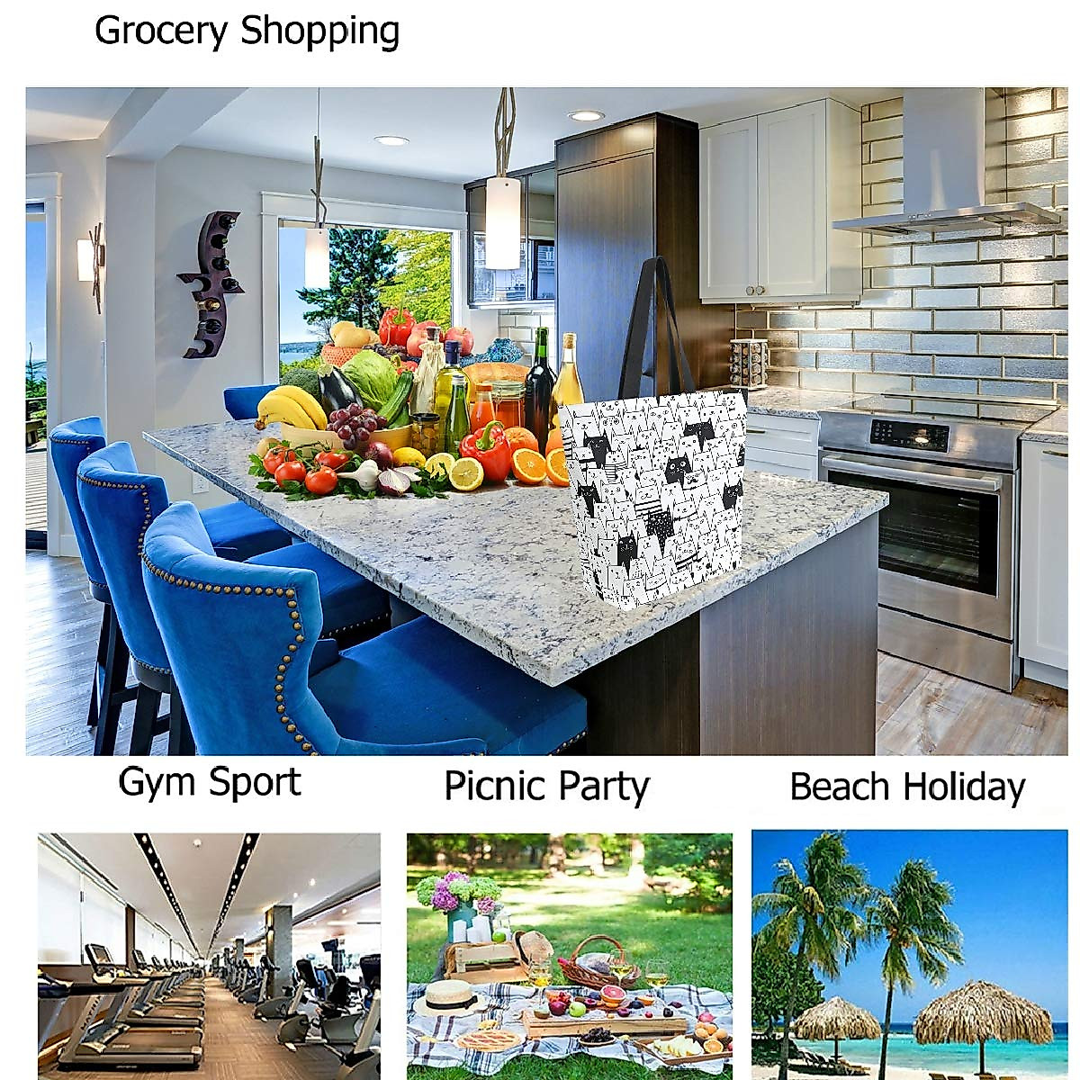 ZzWwR Cute Cartoon Black White Cats Pattern Extra Large Canvas Market Beach Travel Reusable Grocery Shopping Tote Bag Portable Storage HandBags